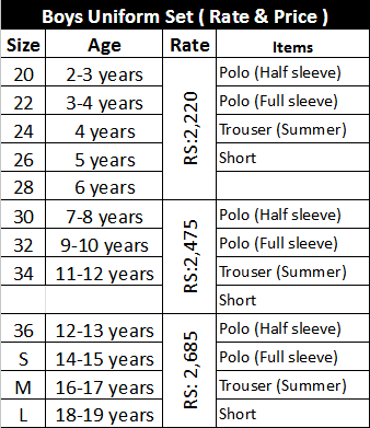 Rate List & Size